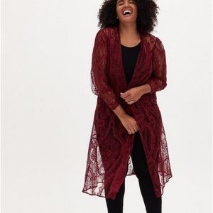 torrid | Tops | Torrid Dark Red Lace Long Sleeve Duster Kimono | Poshmark
